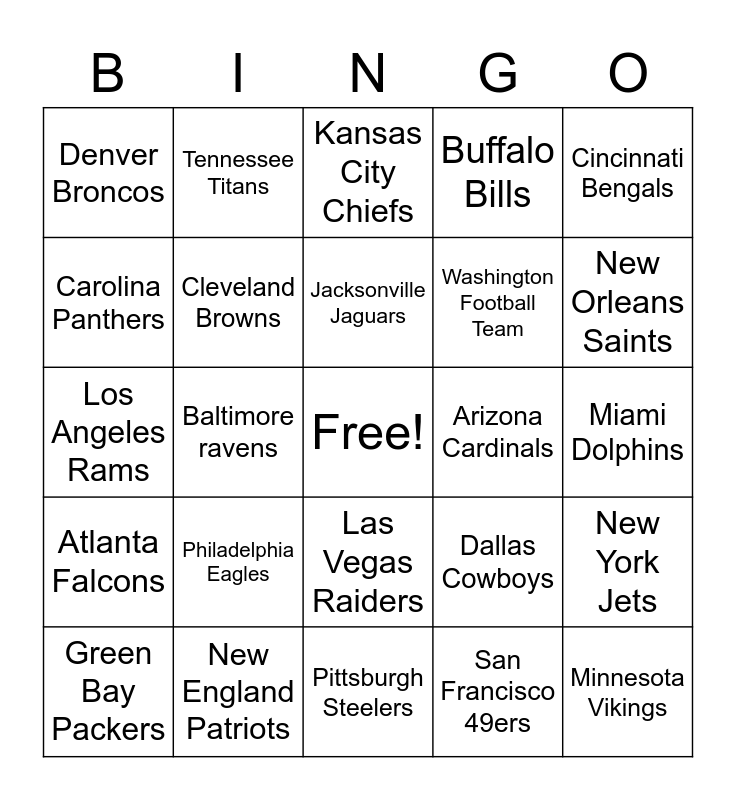 NFL BINGO Card