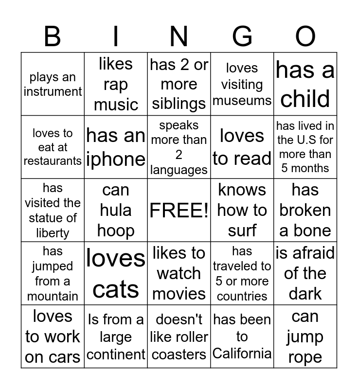 Class A2 3 Bingo Card