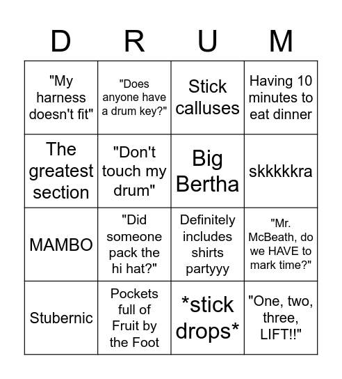 Drumline Bingo Card
