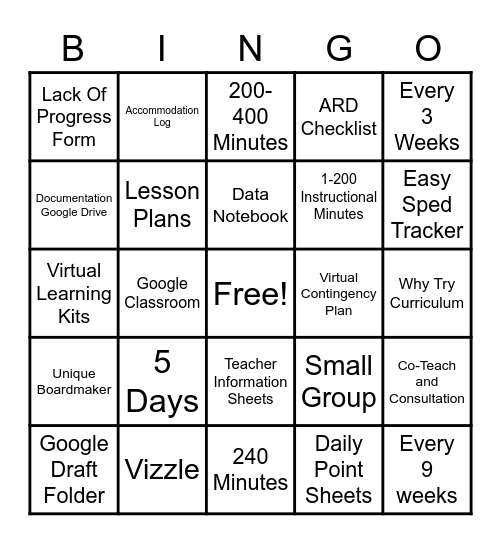 Special Education Bingo Card