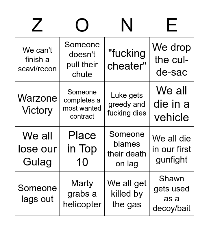 BINGO ZONE Bingo Card