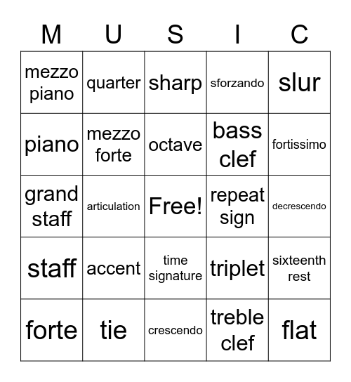 Baxter Music Theory Bingo Card