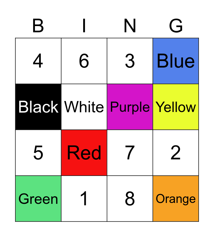 Colours and numbers Bingo Card