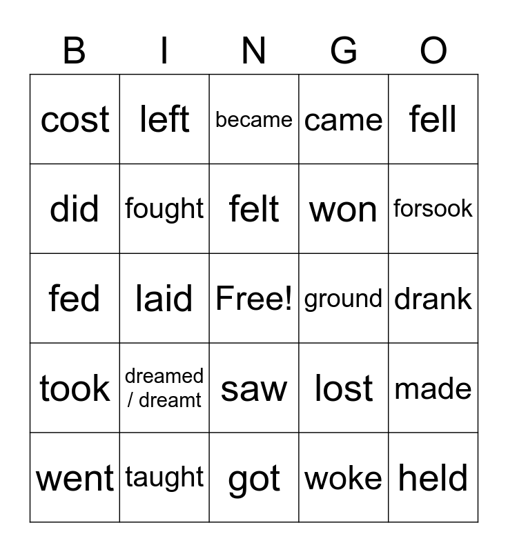 Irregular simple past verbs Bingo Card