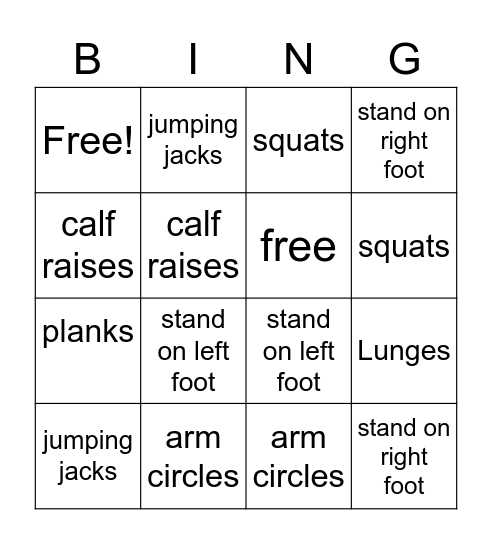 Physical Education Bingo Card