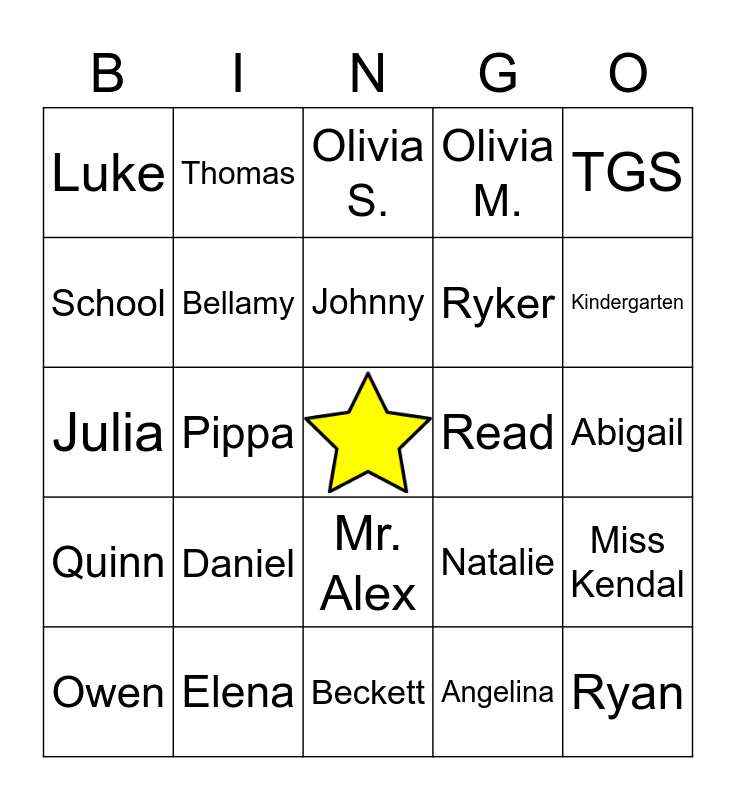Kindergarten Bingo Card
