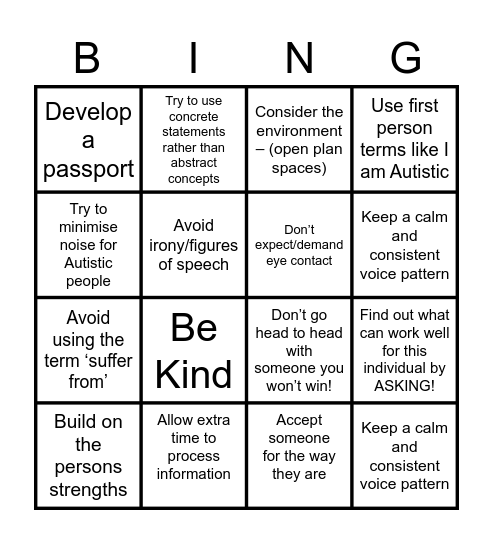 Autism Insight Bingo Card