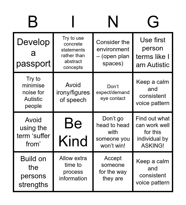 Autism Insight Bingo Card