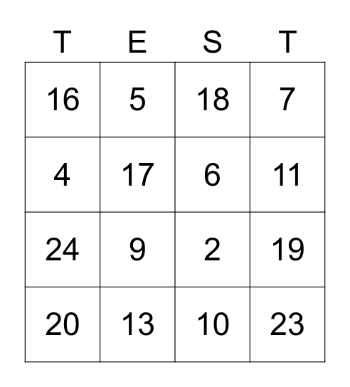 Bingo 4x4 Bingo Card