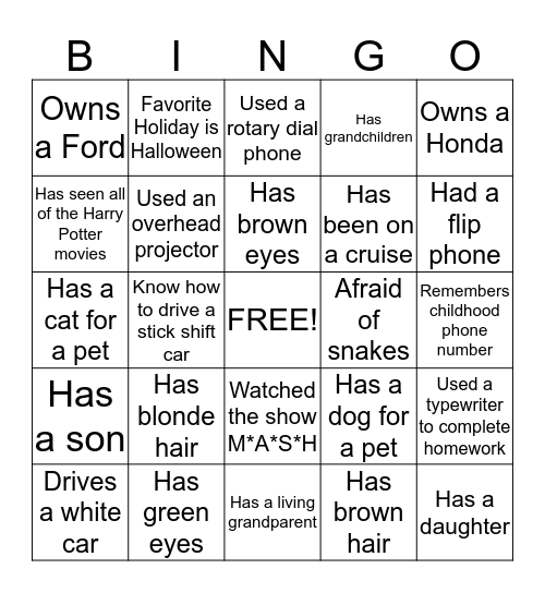 PACE Program Bingo Card PACE Program Bingo Card