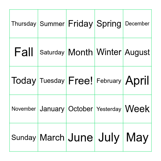 Days of Week, Months, Seasons Bingo Card