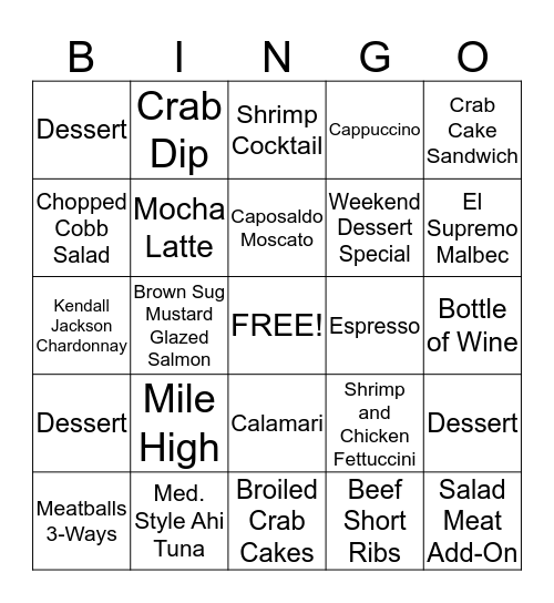 Server Menu Bingo Card