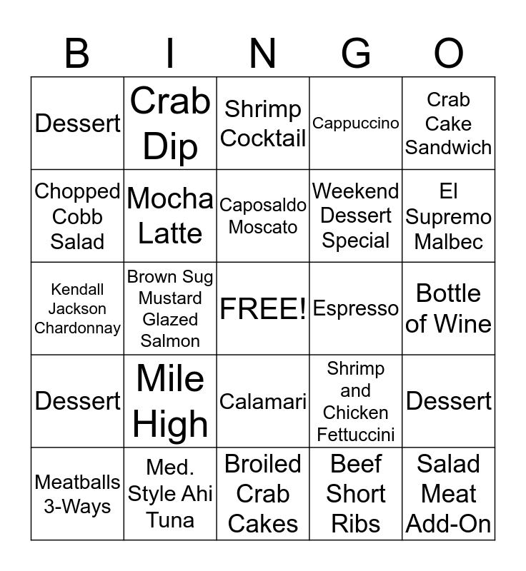 Server Menu Bingo Card