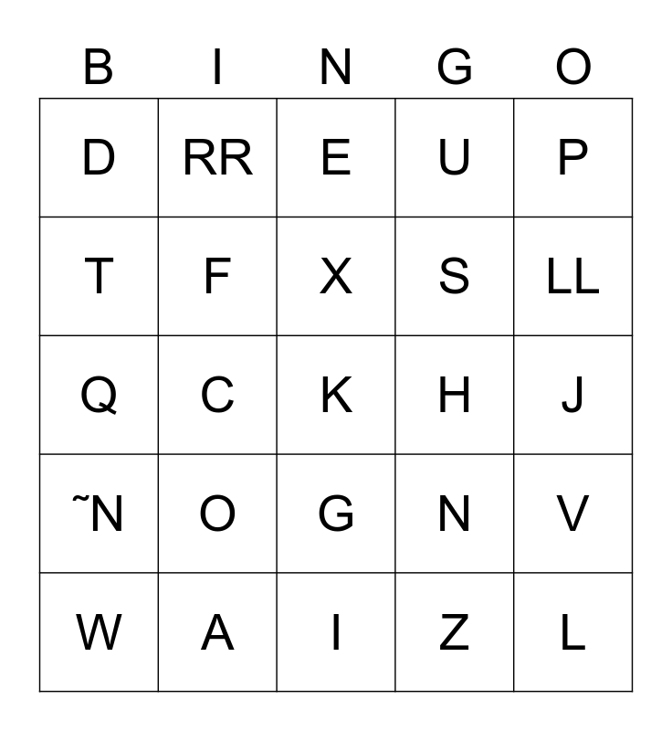 Spanish Alphabet Bingo Card