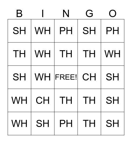 Consonant Digraph Bingo Card