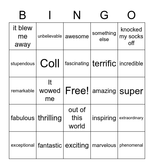 Synonyms For great Board 1 Bingo Card