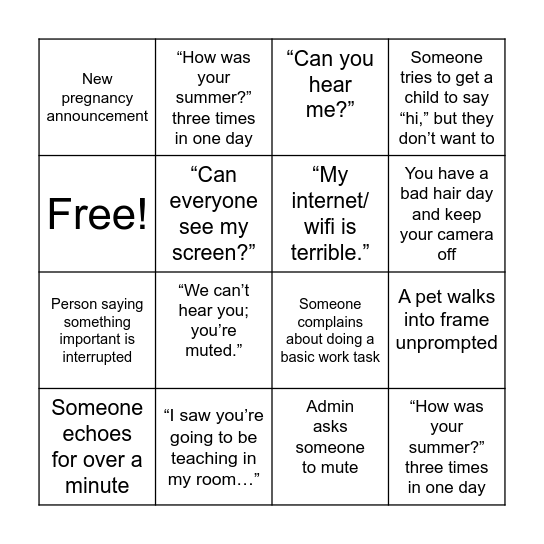 Beginning of the Year Bingo Card