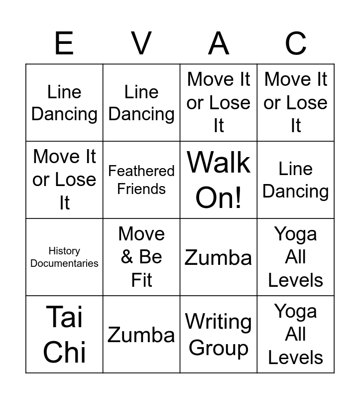 Be Active Bingo Card