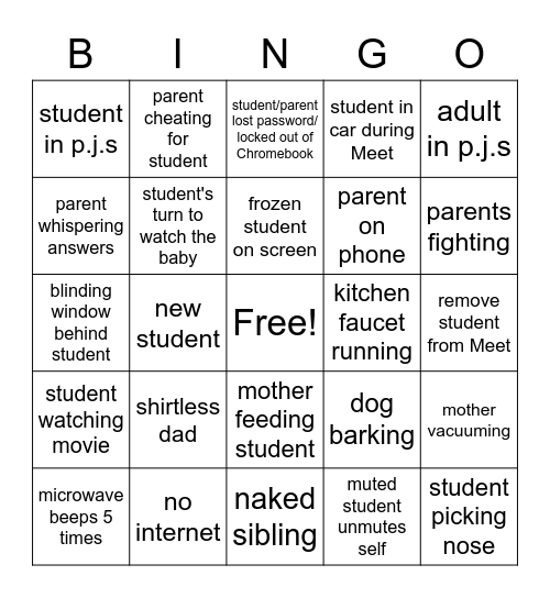 Distance Learning Bingo Card