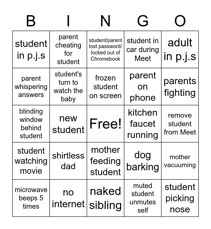 Distance Learning Bingo Card