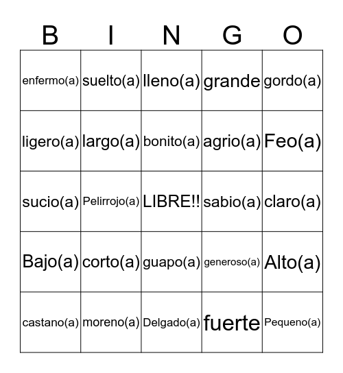 Adjectivos Bingo Card