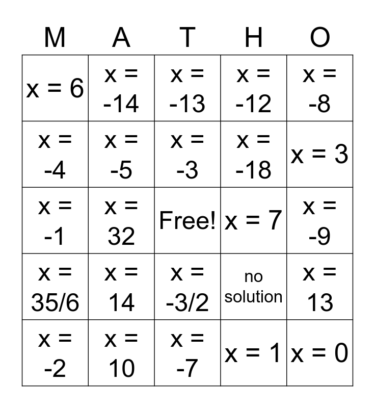 Solving Equations MATHO Bingo Card
