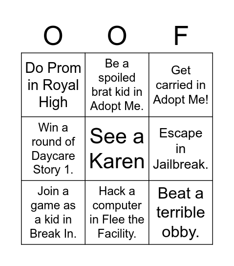 ROBLOX Bingo Bingo Card ROBLOX Bingo Bingo Card