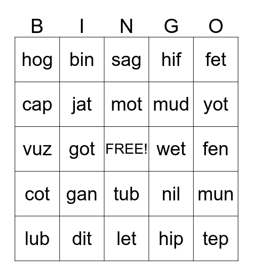 Nonsense Words Bingo Card