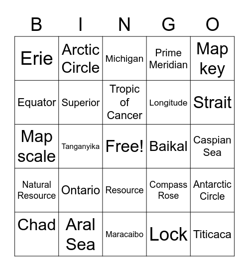 World Lakes/Geography Bingo Card