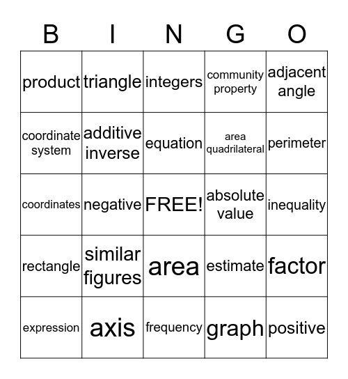 MATH VOCABULARY Bingo Card