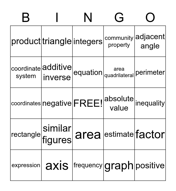 MATH VOCABULARY Bingo Card