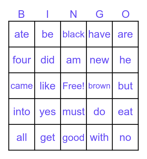 Site Word Bingo Card