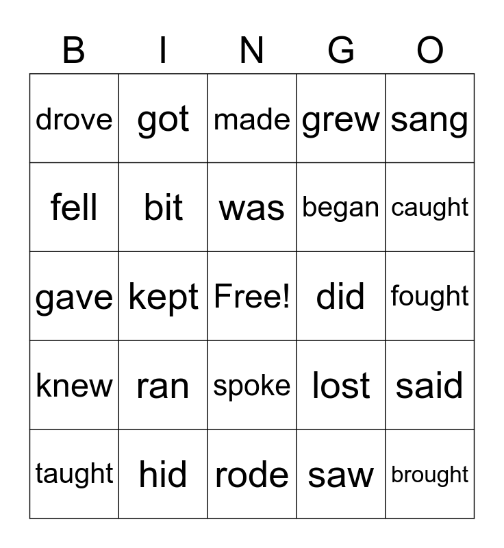 Irregular Verbs Bingo Card