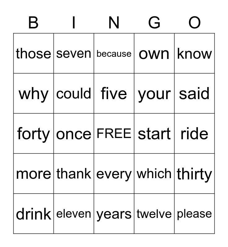 4th-5th Grade Sight Words Bingo Card