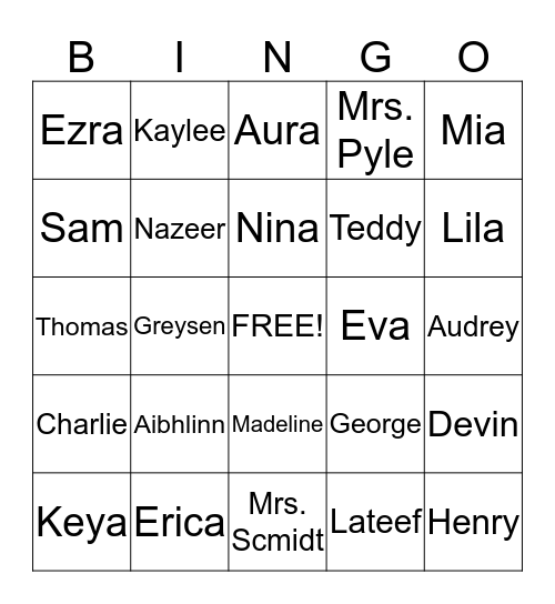 Mrs. Pyle's Class Bingo Card