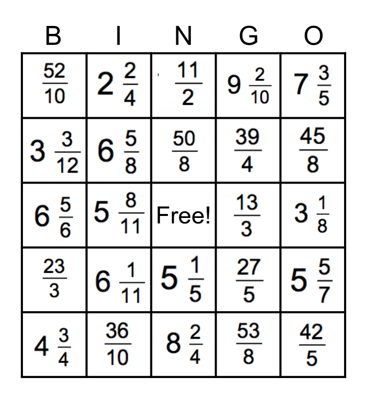 Mixed Numbers & Improper Fractions Bingo Card