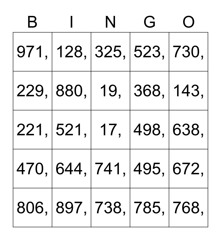 Numbers 1-1000 Bingo Card