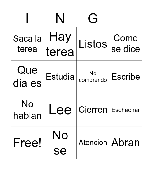 Spanish Bingo Vocab Card Bingo Card