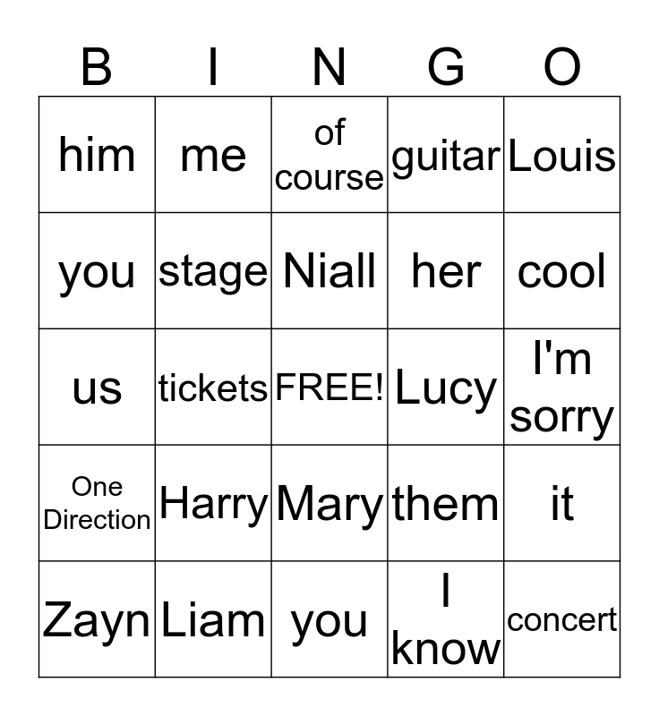 meeting One Direction Bingo Card