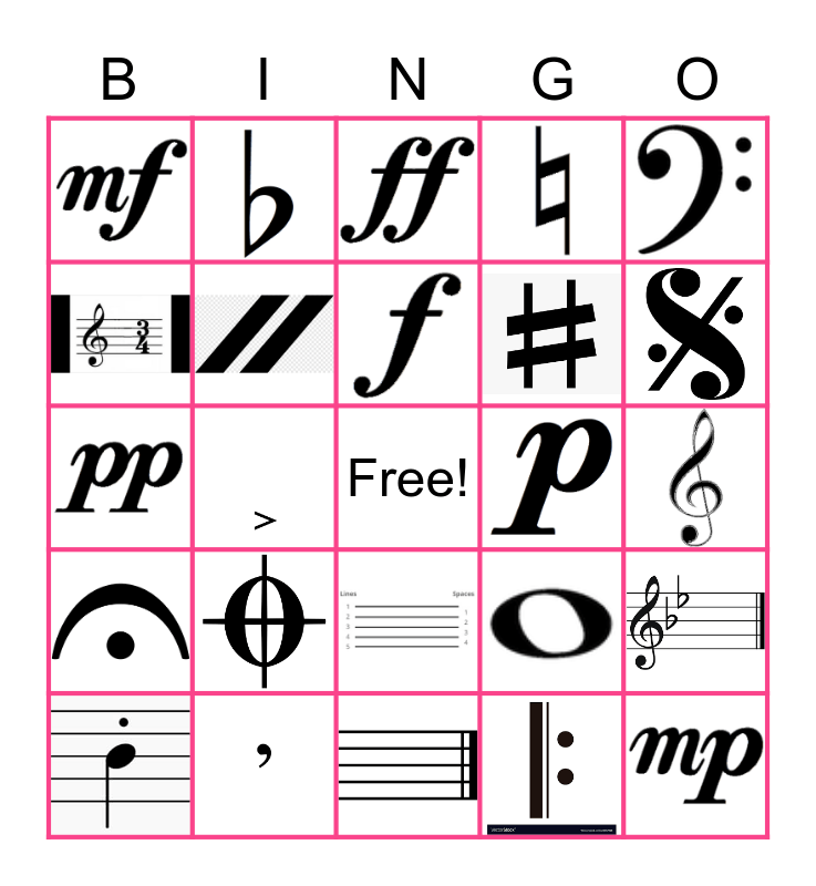 MM - Notes Rests Dynamics Clefs Accidentals Bingo Card