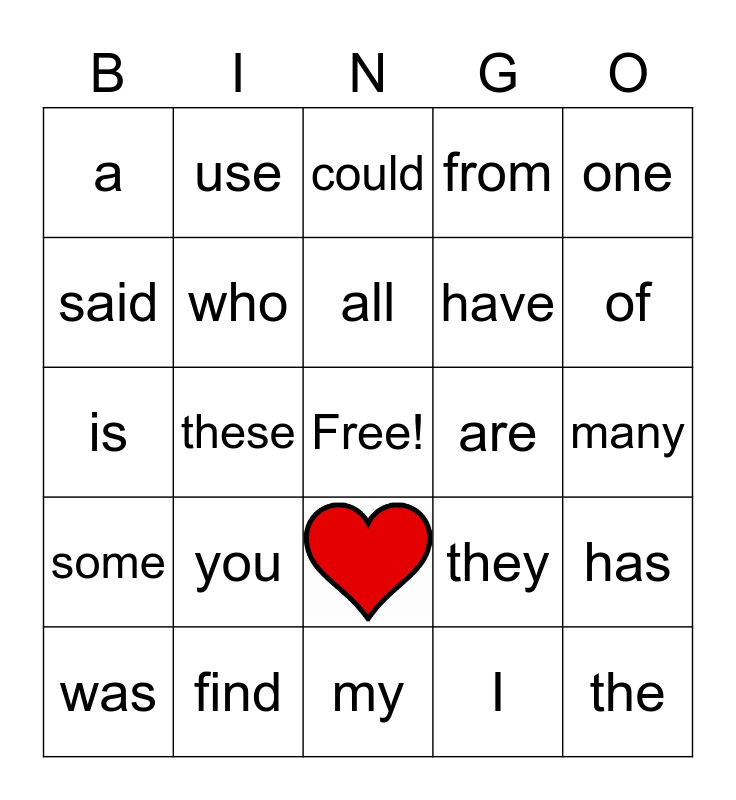 Heart Words Bingo Card