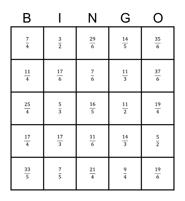 Mixed Numbers to Improper Fractions Bingo Card