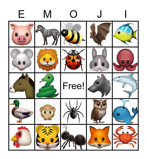 *Animal Emoji Board Bingo Card