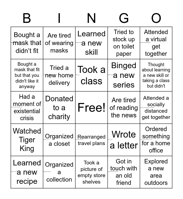 Quarantine Bingo Card