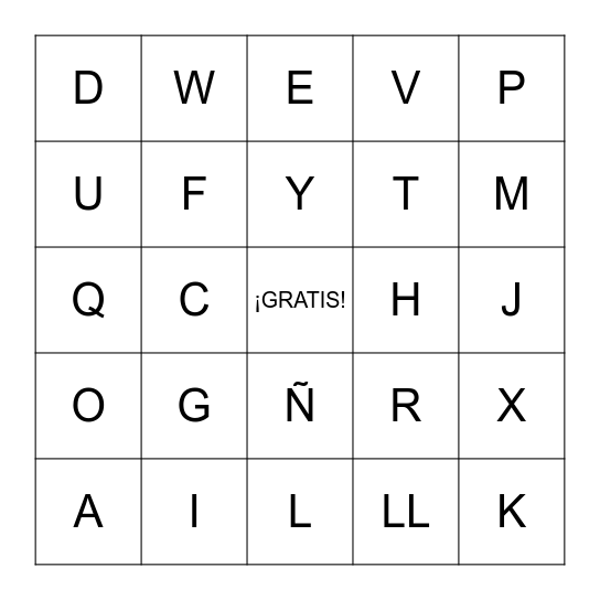 Spanish Alphabet Bingo Card