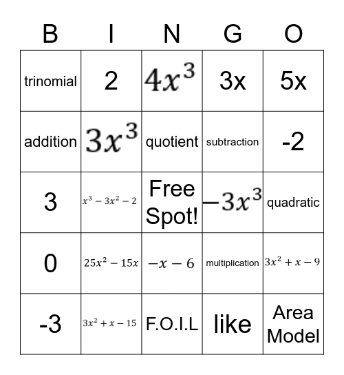 Polynomial Review BINGO Card
