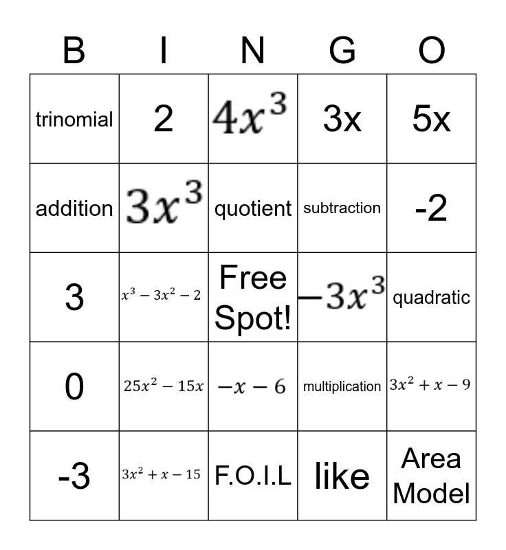 Polynomial Review BINGO Card
