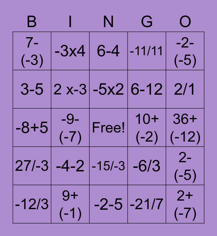 Integer Operations Bingo Card