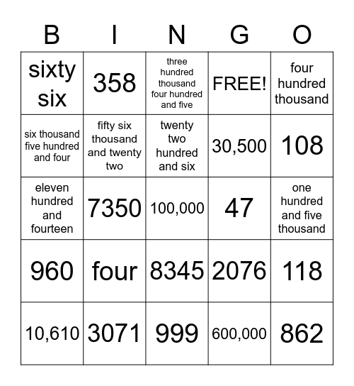 Large Number Bingo Card