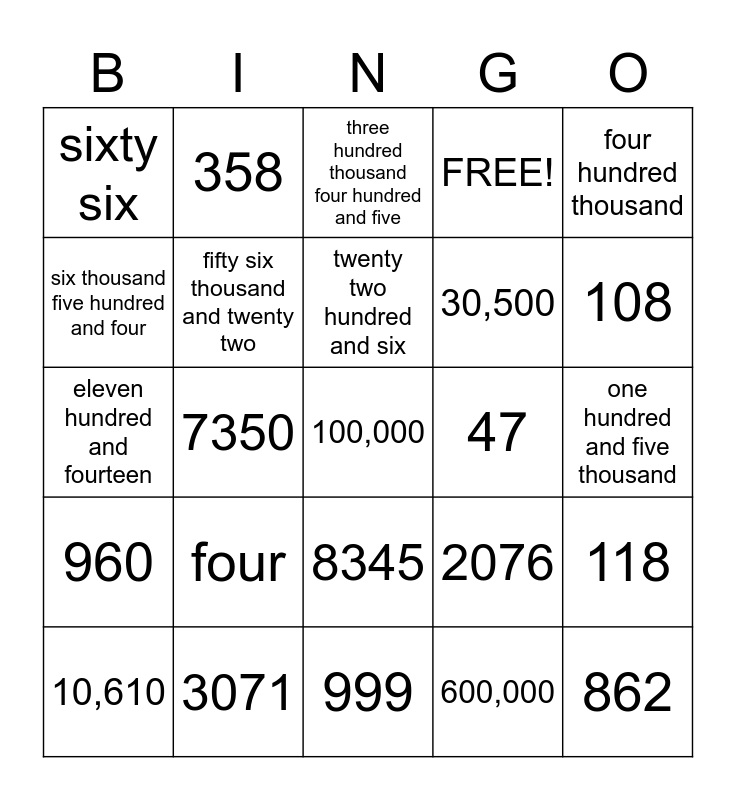 Large Number Bingo Card